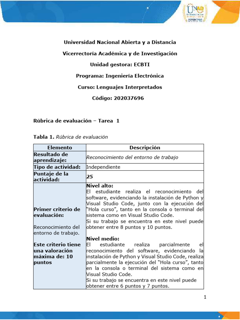 Rúbrica de Evaluación para Tarea 1 de Ingeniería Electrónica | PDF | Python (lenguaje de ...