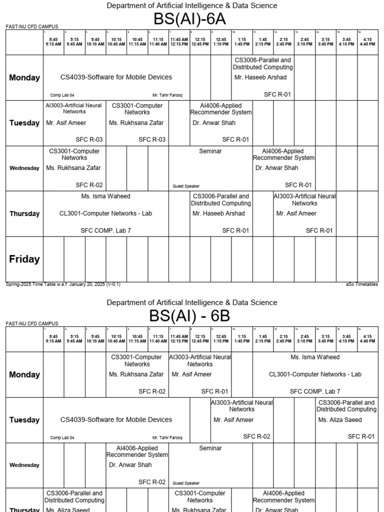 AI - DS - Batch Wise Time Table - Spring 2025 - W.E.F January 20 2025 | PDF | Information ...