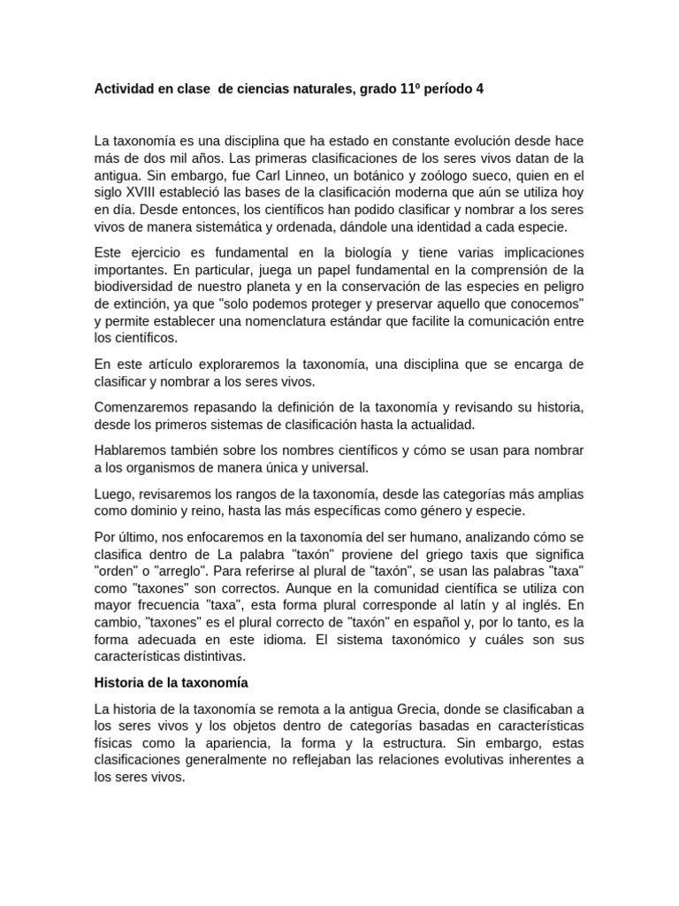 Actividad en Clase de Ciencias Naturales | PDF | Taxonomía (biología ...