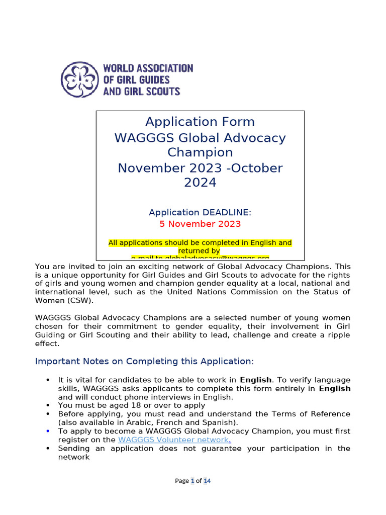 WAGGGS Global Advocacy Champions 2024 Application Form | PDF