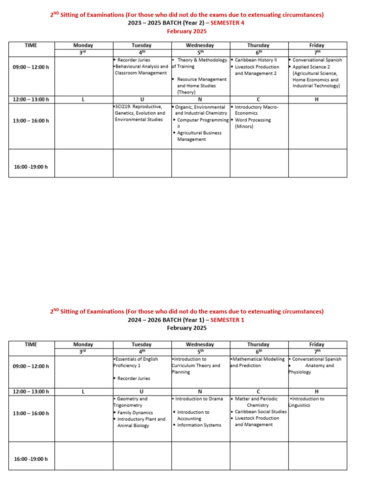 2ND Sitting of Examinations Timetable | PDF | Science | Biology