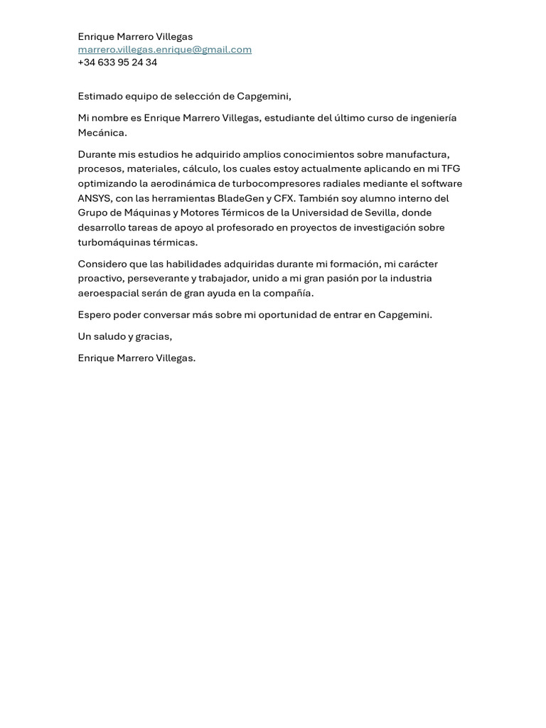 Cover Letter Capgemini - Enrique Marrero Villegas | PDF