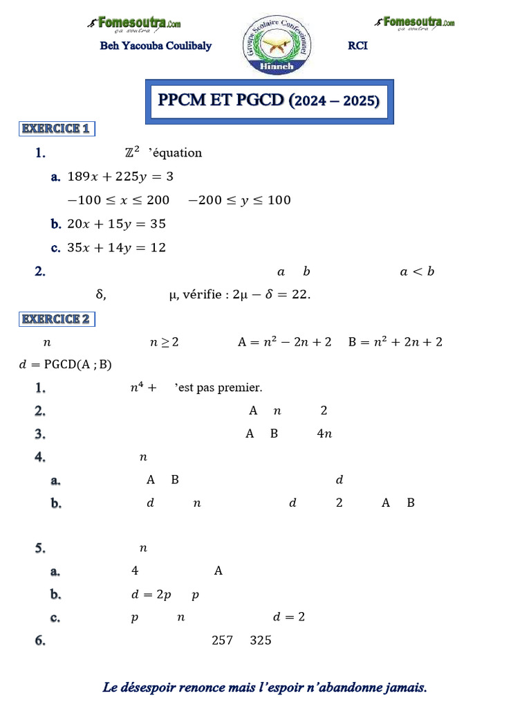 Exercices de mathématiques sur PGCD et PPCM | PDF