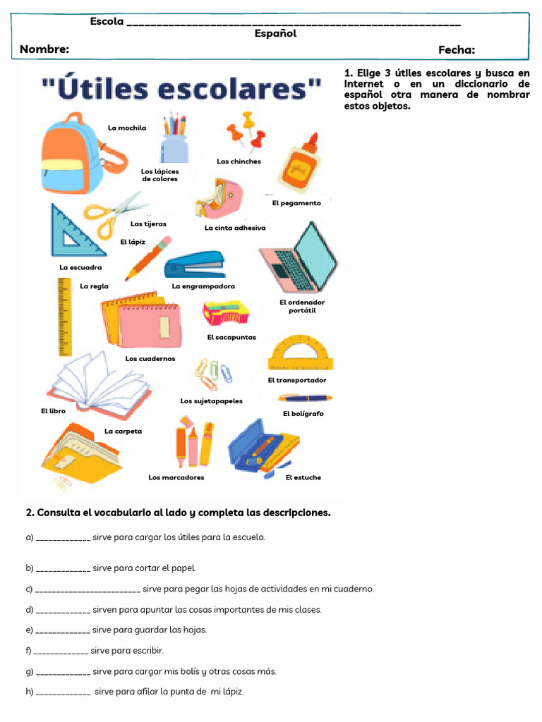 Atv. Vocabulário "Los Útiles Escolares" | PDF | Lápiz | Implementos de ...