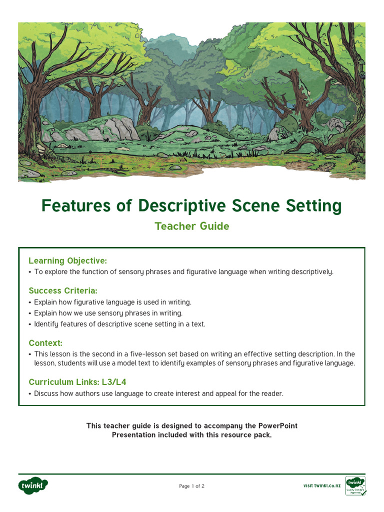 Teacher Guide - Features of Descriptive Scene Setting | PDF | Cognitive ...