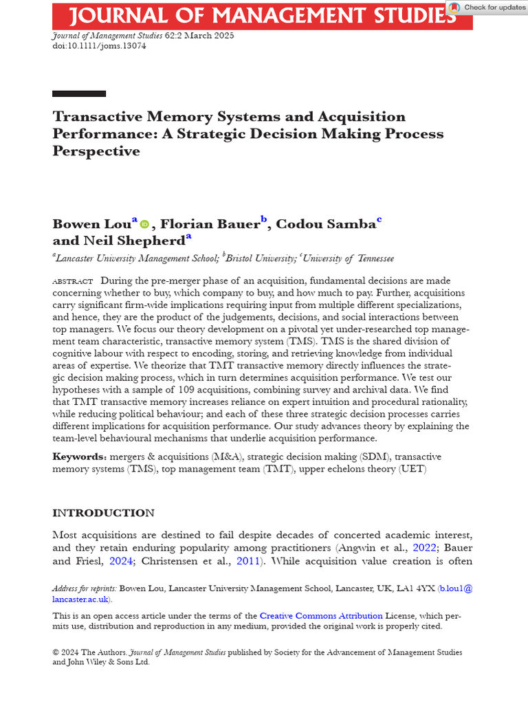 Transactive Memory in Acquisition Success | PDF | Mergers And ...