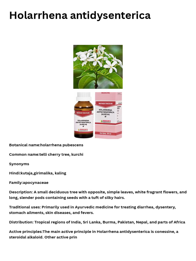 Holarrhena Antidysenterica Uses & Benefits | PDF