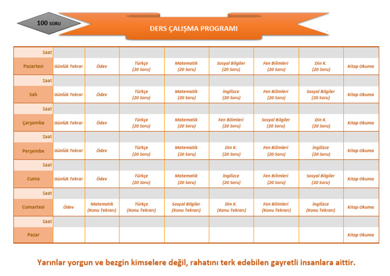 5 6 7. SINIF GUNLUK DERS CALISMA PROGRAMI 100 Soru. | PDF