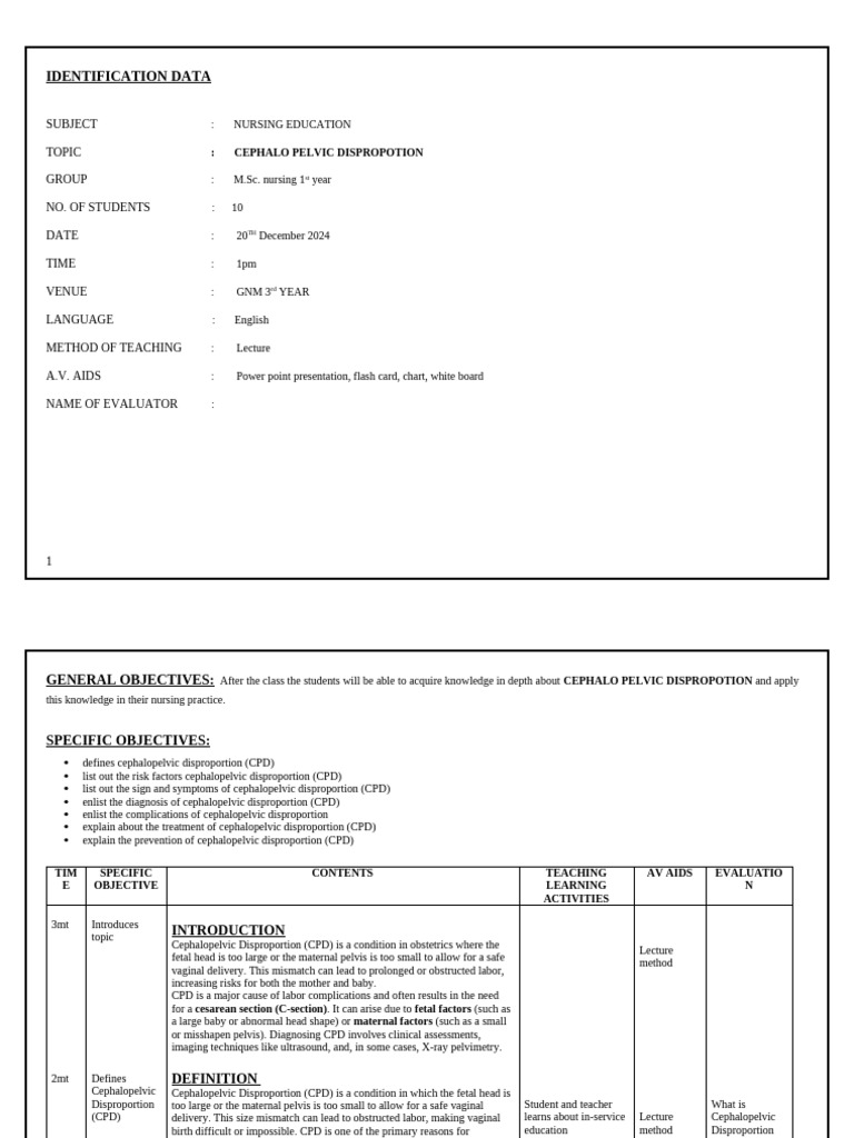 Cephalo Pelvic Dispropotion Lession Plan | PDF | Childbirth | Caesarean Section