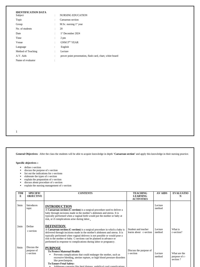 Cesarean Section Lesson Plan | PDF | Caesarean Section | Childbirth