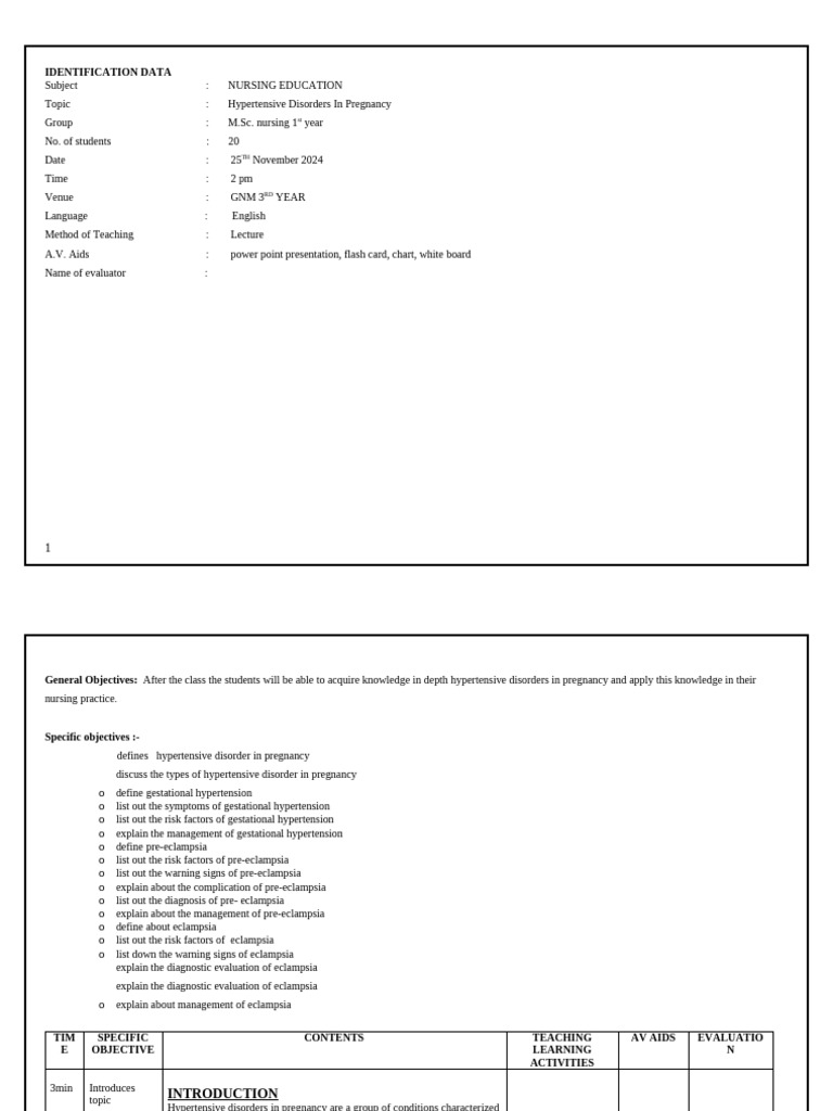 lesson plan eclampsia | PDF | Hypertension | Clinical Medicine