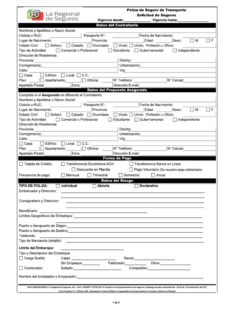 Formulario Sol de Seguro de Transporte | PDF