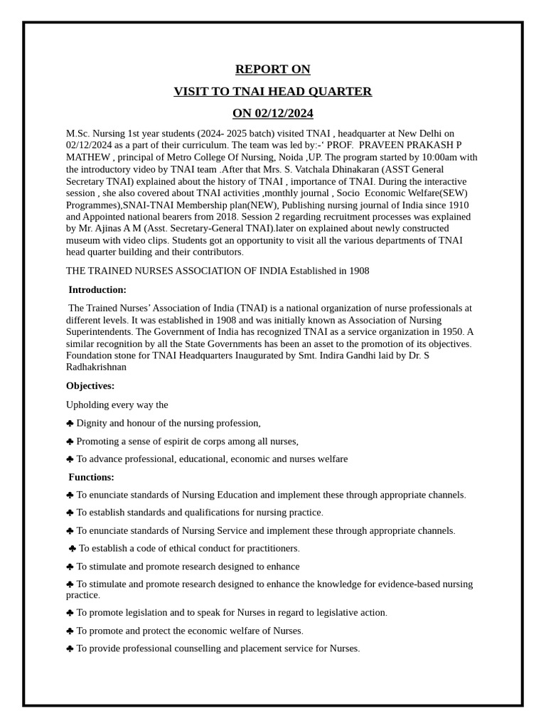 TNAI Headquarters Visit Report 2024 | PDF | Nursing | Health Care