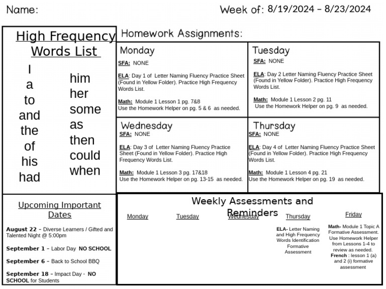 1st Grade Homework Sheet 8-19 | PDF | Learning | Educational Assessment And Evaluation