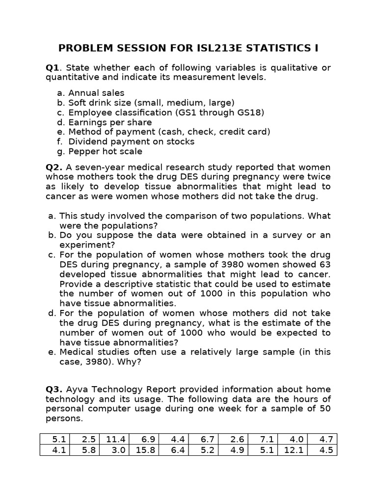 W6 - 3-Problem Session - Questions | PDF | Statistics | Data