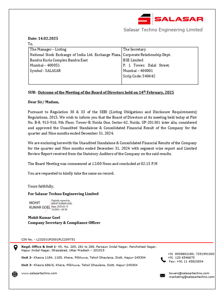 Date: 14.02.2025: Salasar Techno Engineering Limited | PDF | Expense | Audit