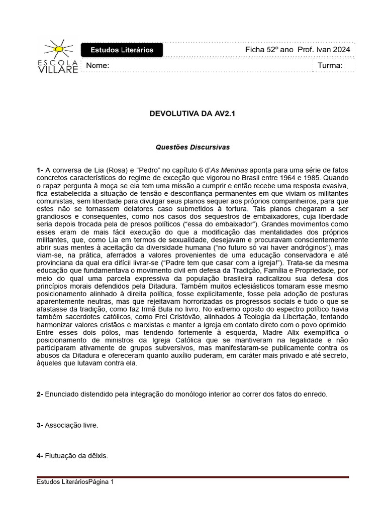 Ficha 5 LIT II - Devolutiva Da AV2.1 | PDF