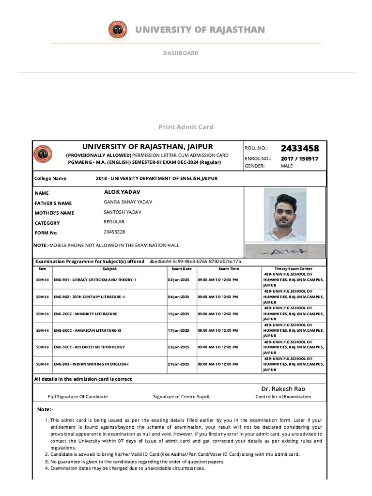 Admission Card for M.A. English Exam | PDF