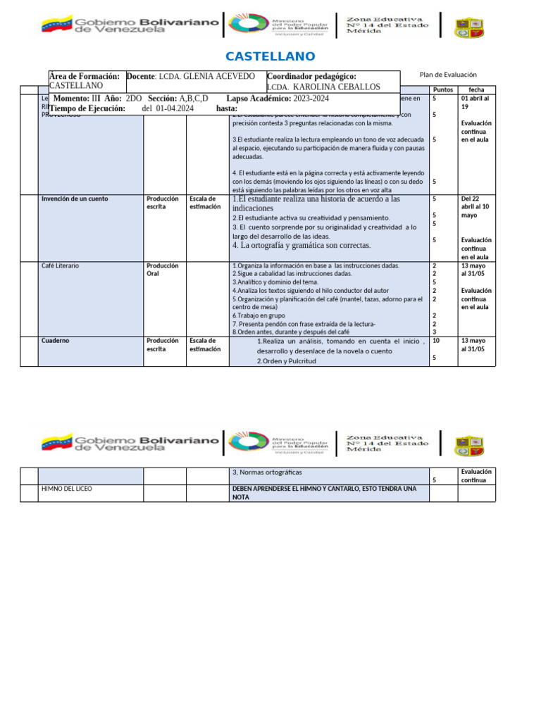 Plan de Evaluacion 3er Lapso 2do Año | PDF | Aprendizaje | Comunicación humana