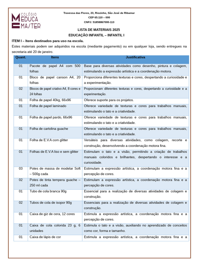 Lista Infantil I 2025 Final Master | PDF | Desenho