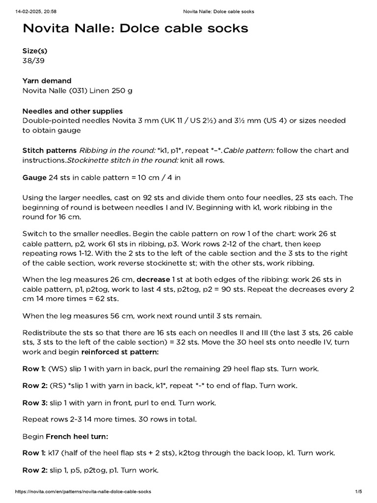 Novita Nalle Dolce Cable Socks | PDF | Knitting | Gauge (Knitting)