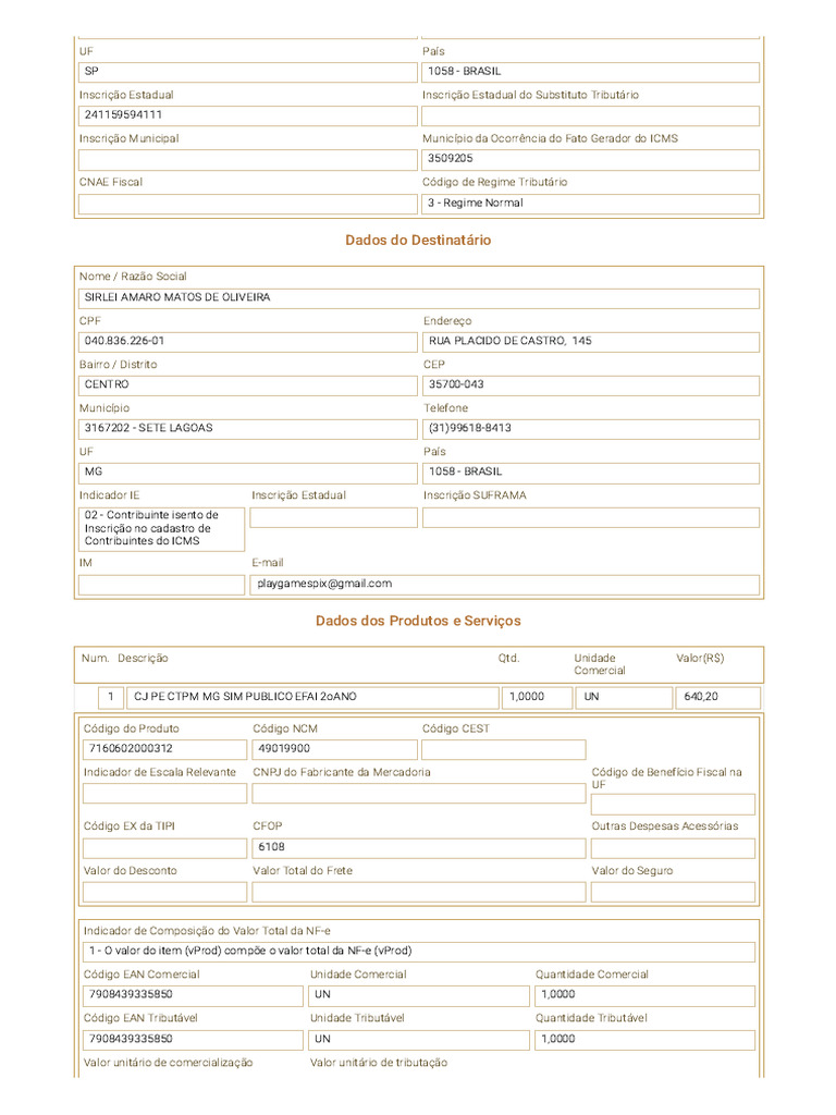Nota Fiscal Eletrônica Detalhada Brasil | PDF | Pagamentos