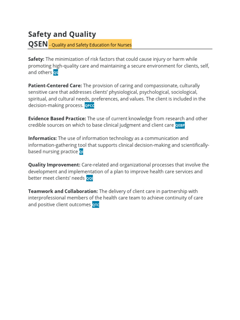Safety and Quality Qsen | PDF