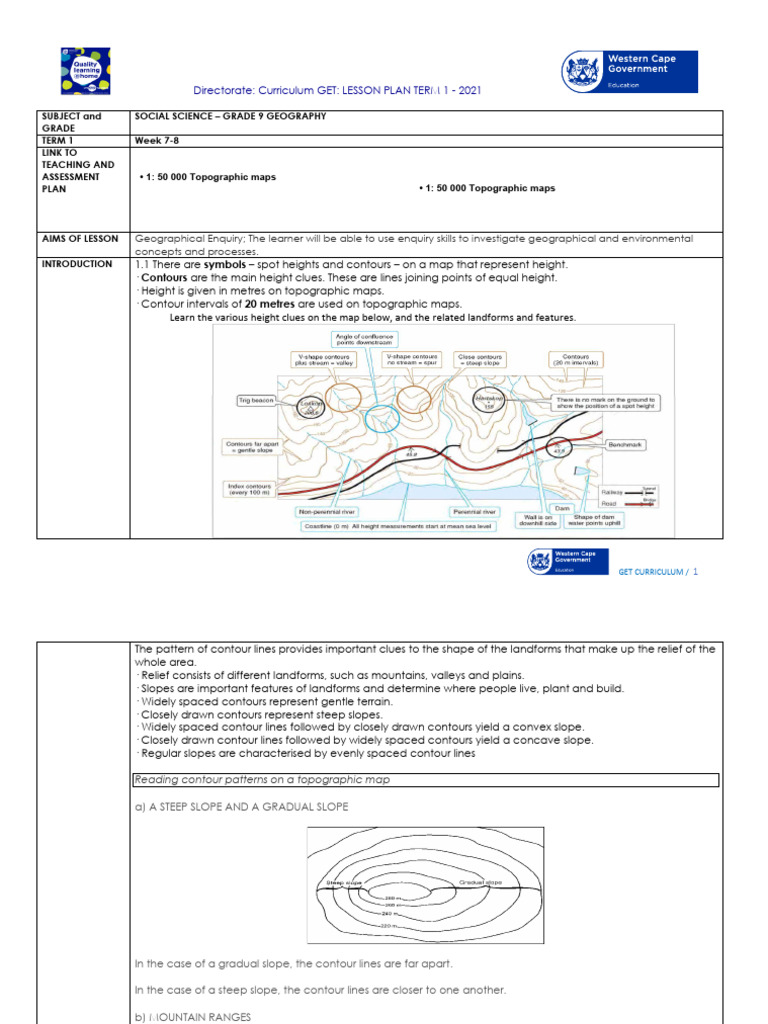 Lesson Plan SP Grade 9 SS Geography T1 W7&8 | PDF | Contour Line ...