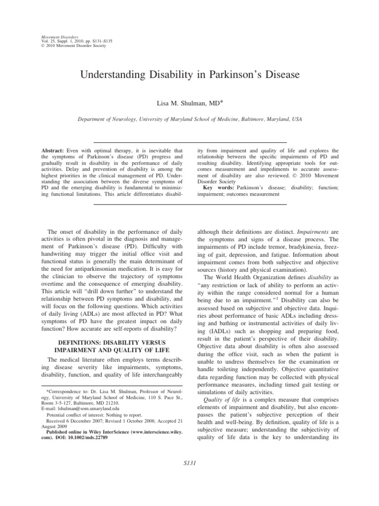 Understanding Disability in Parkinson's Dısease. mds.22789 | PDF | Parkinson's Disease ...