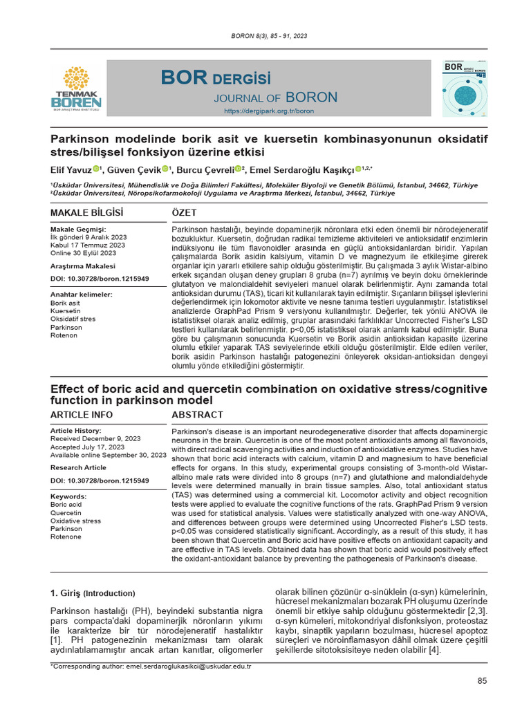 Effect of Boric Acid and Quercetin Combination On Oxidative Stress. 10. ...