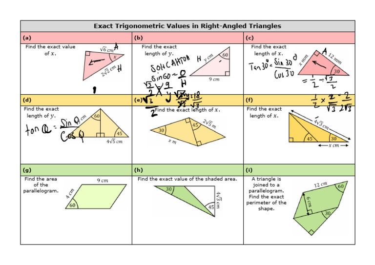 Exact Trigonometric Values in Right Angled Triangles Practice Grid | PDF