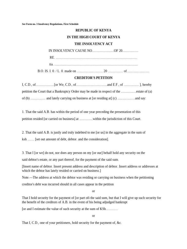 Creditor's Bankruptcy Petition Template | PDF | Bankruptcy | Debtor