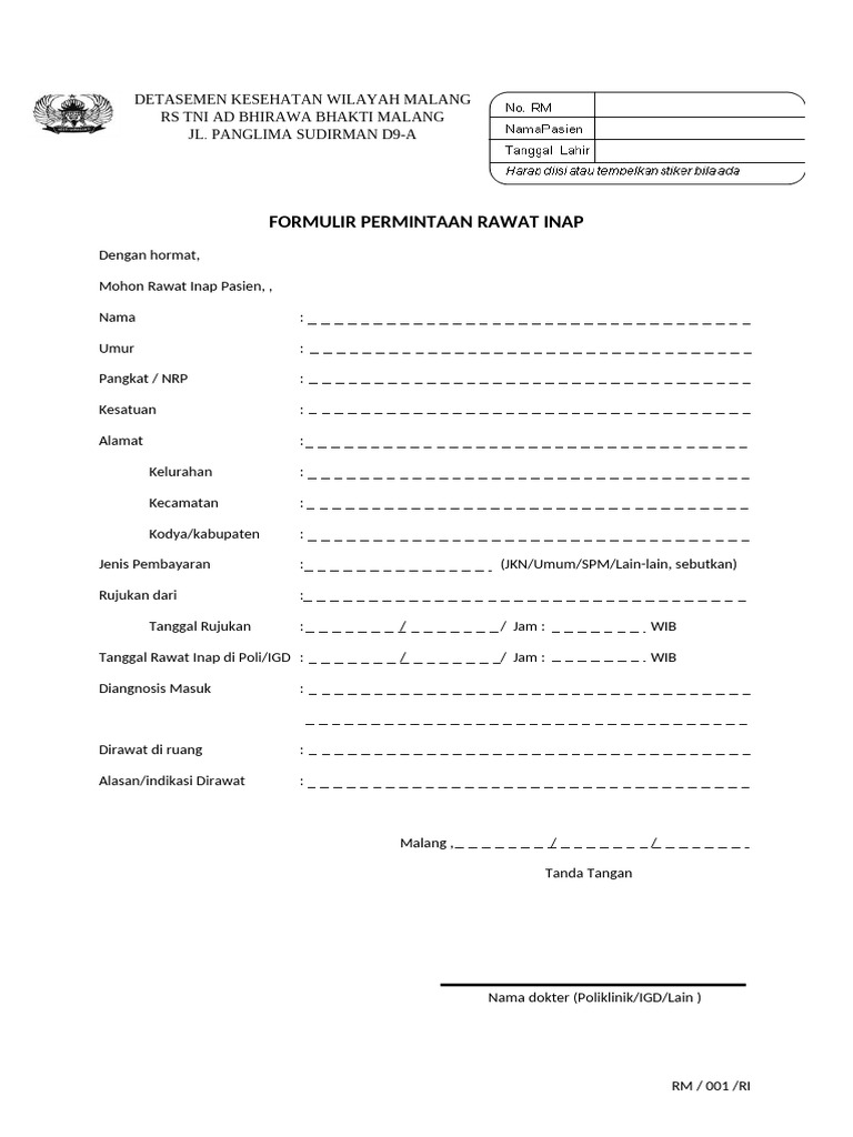 01.formulir Permintaan Rawat Inap | PDF