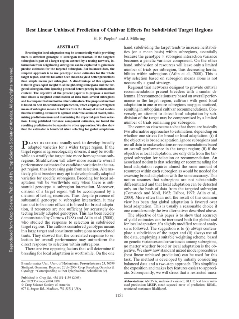 2005 - Best Linear Unbiased Prediction of Cultivar Effects for Subdivided Target Regions | PDF ...