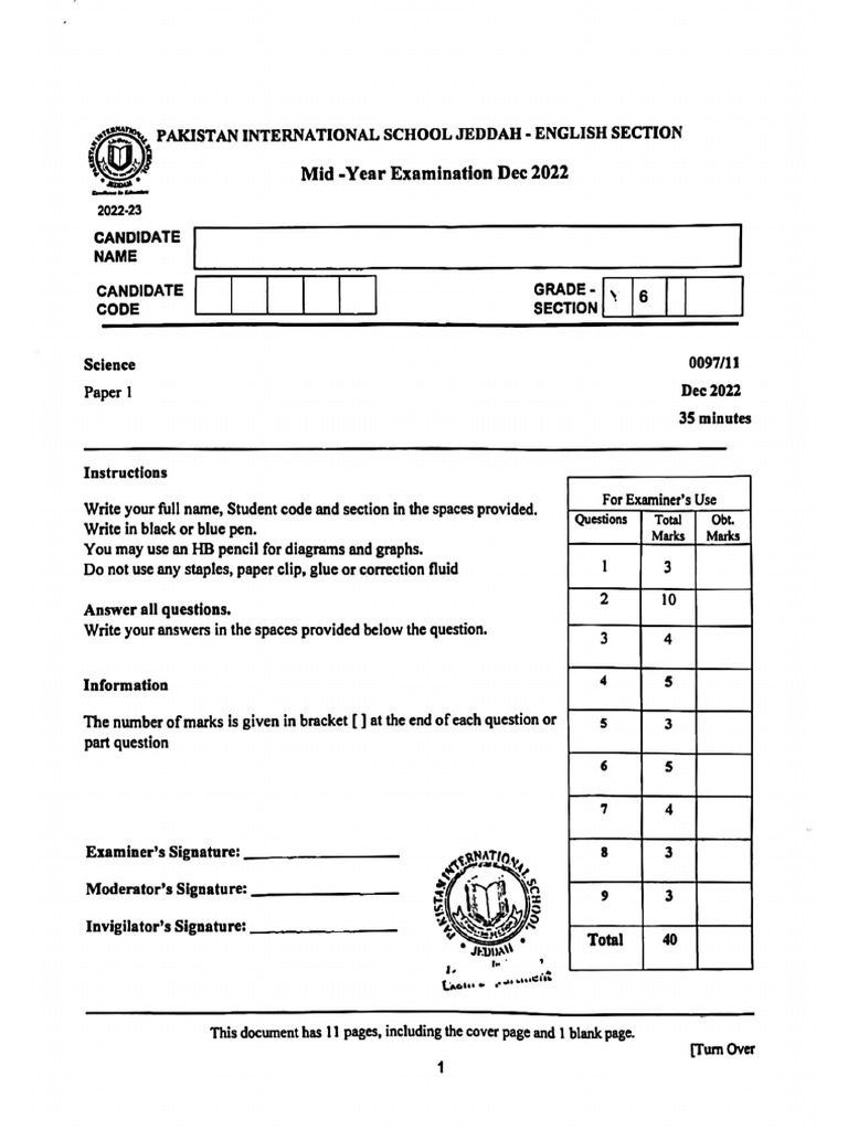 Arshmah's Science p1 & p2 Mid Year Exam 2022-23 | PDF