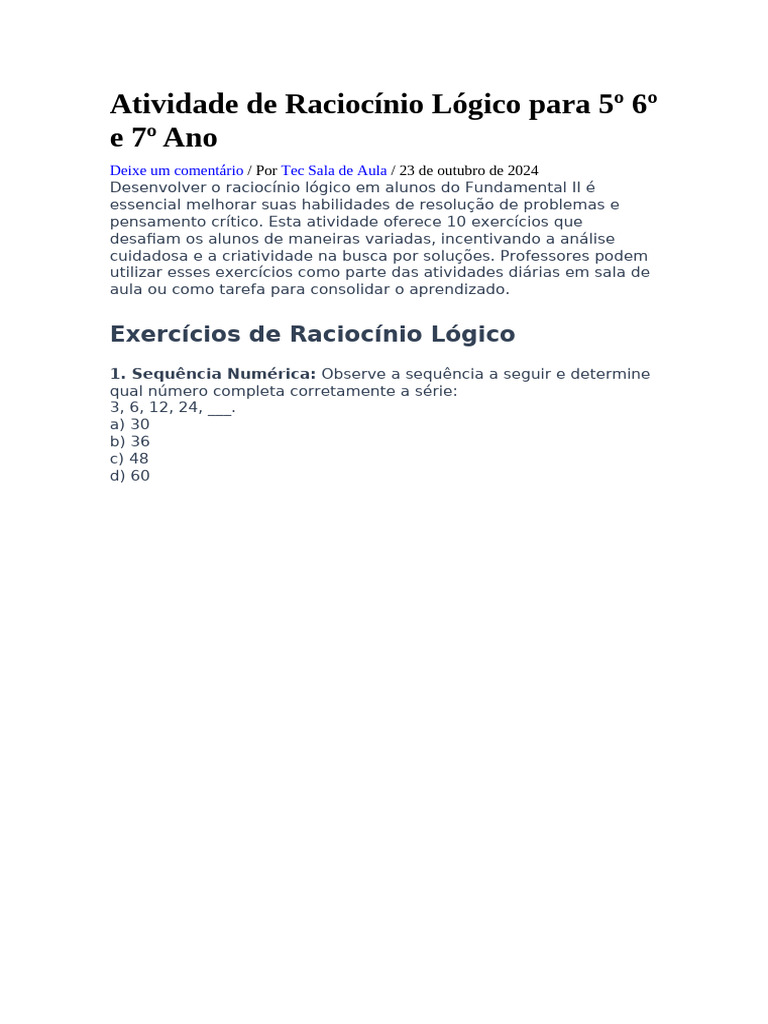 Atividades de Raciocínio Lógico para 5º a 7º Ano | PDF