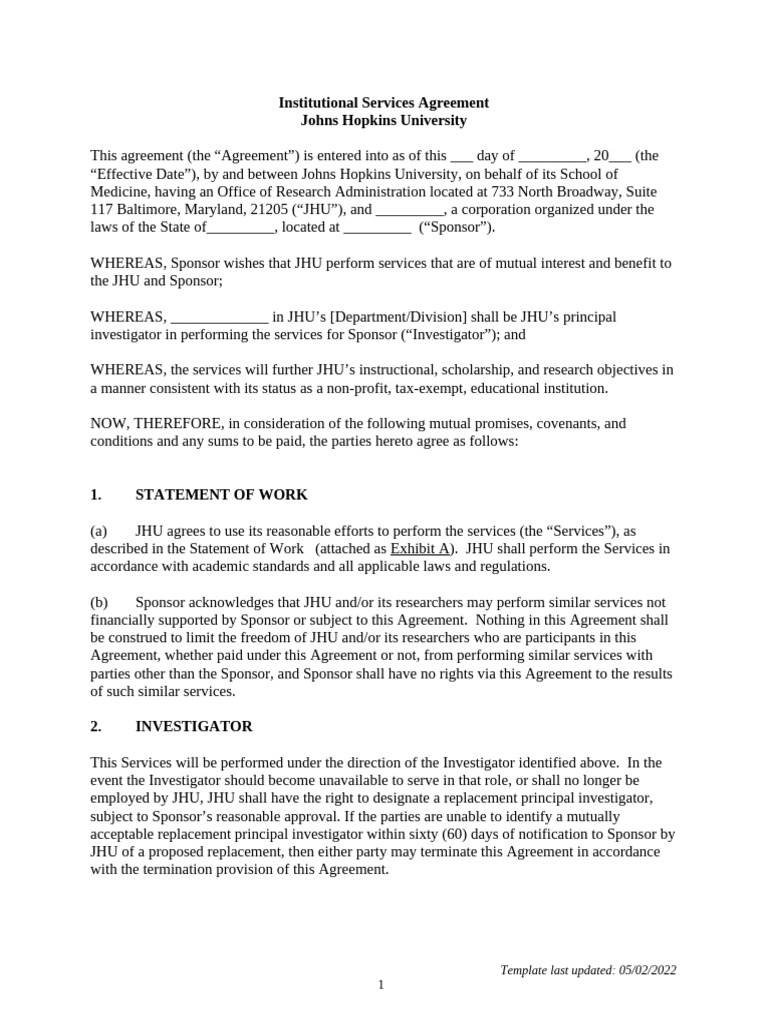 Institutional Services Agreement JHU | PDF | Indemnity | Intellectual Property