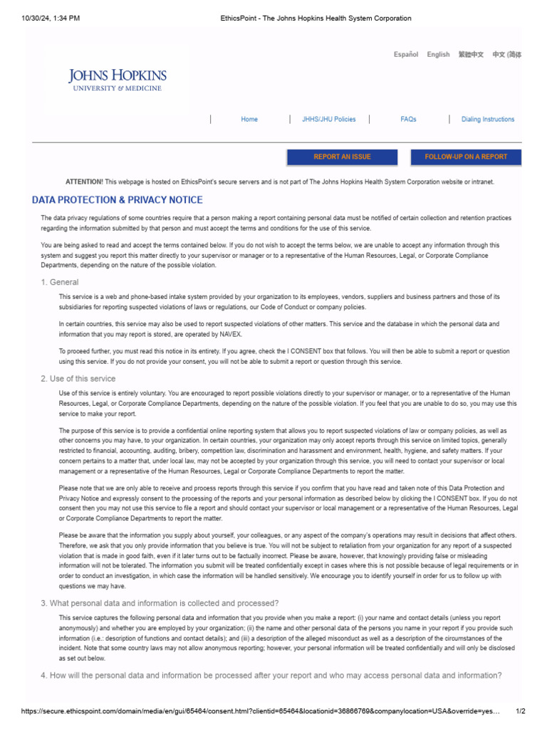 EthicsPoint - The Johns Hopkins Health System Corporation | PDF ...