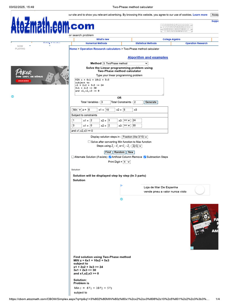Two-Phase Method Calculator | PDF | Linear Programming | Algebra