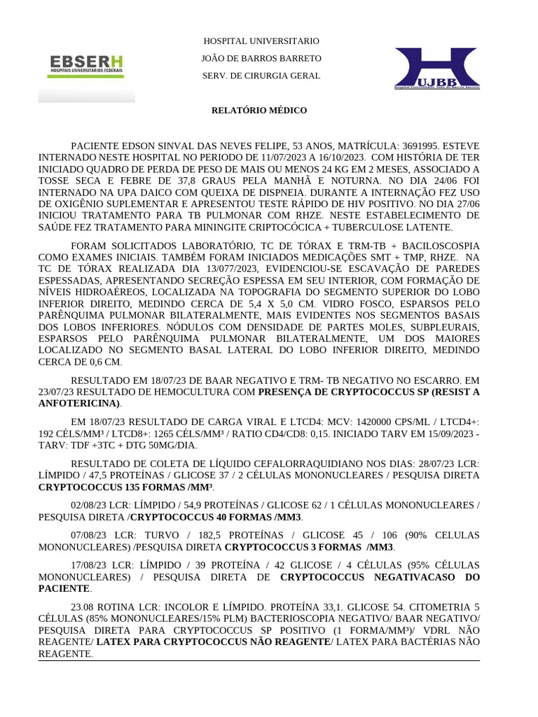 Alta - Edson Sinval Das Neves Felipe | PDF | Gestão do HIV/Aids | Cerebelo