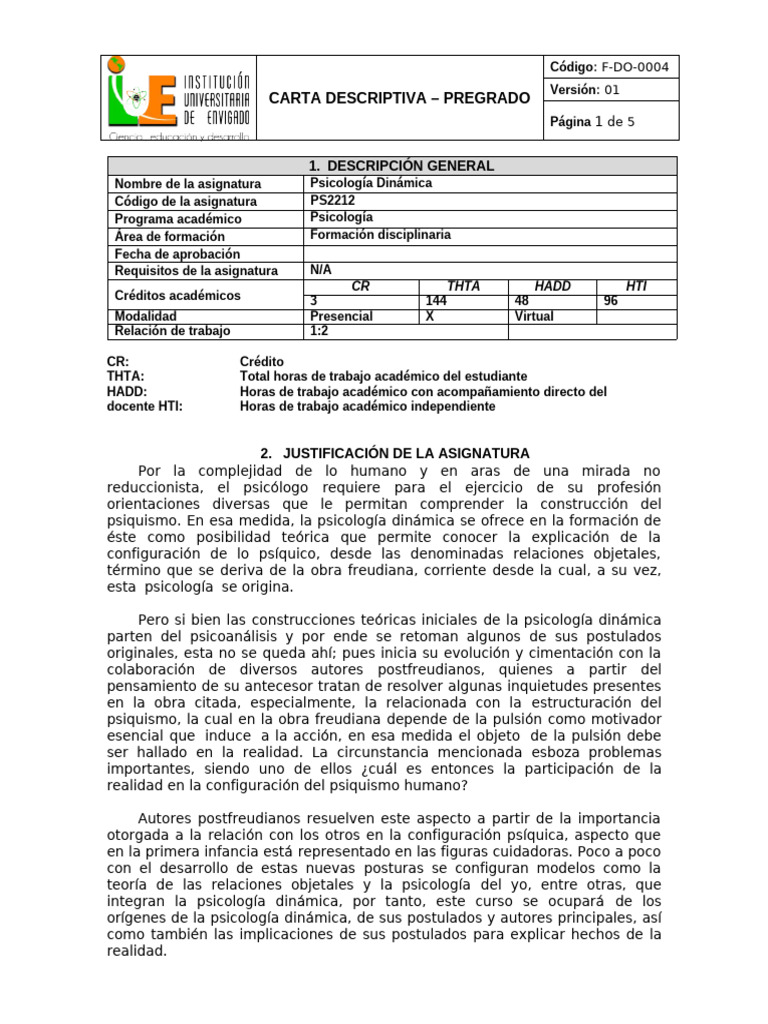 Carta Descriptiva Psicologia Dinamica 2-2024 - Cambios Realizados 2 ...