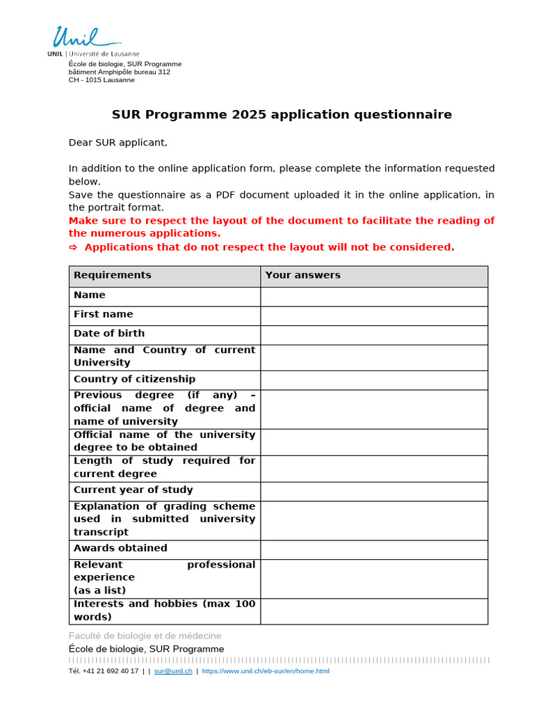 SUR Programme 2025 Application Questionnaire | PDF