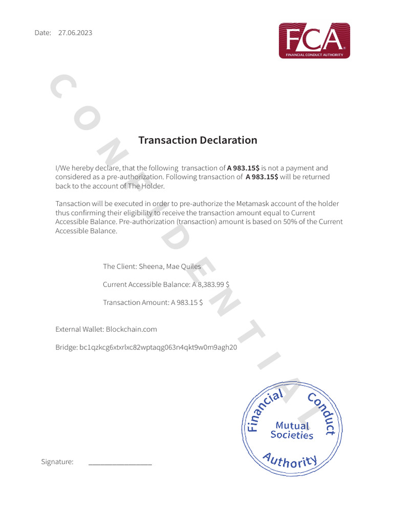 FCA Transaction Declaration - Sheena Mae Quiles | PDF