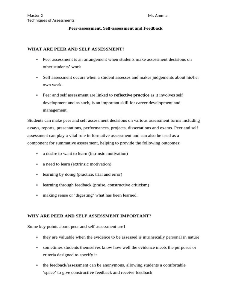 Peer-assessment, Self-assessment and Feedback (1) | PDF | Educational ...
