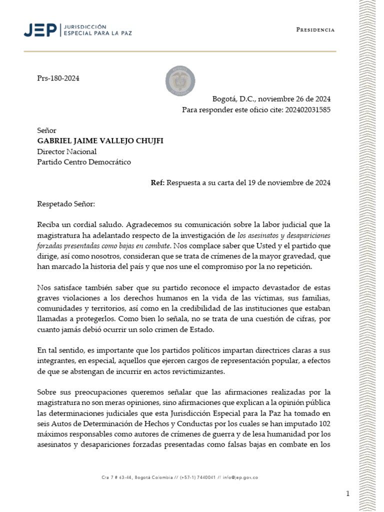 Respuesta de La JEP A La Carta Del Director Nacional Del Partido Centro Democrático, Gabriel ...