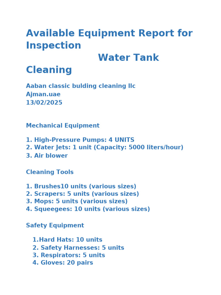 Water Tank Cleaning Equipment List | PDF