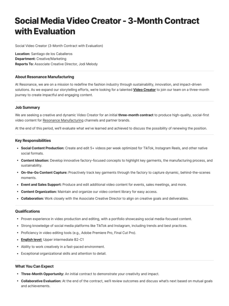 Social Media Video Creator - 3-Month Contract With Evaluation | PDF ...