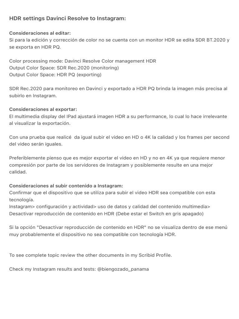 HDR Settings Davinci Resolve To Instagram: PDF | PDF