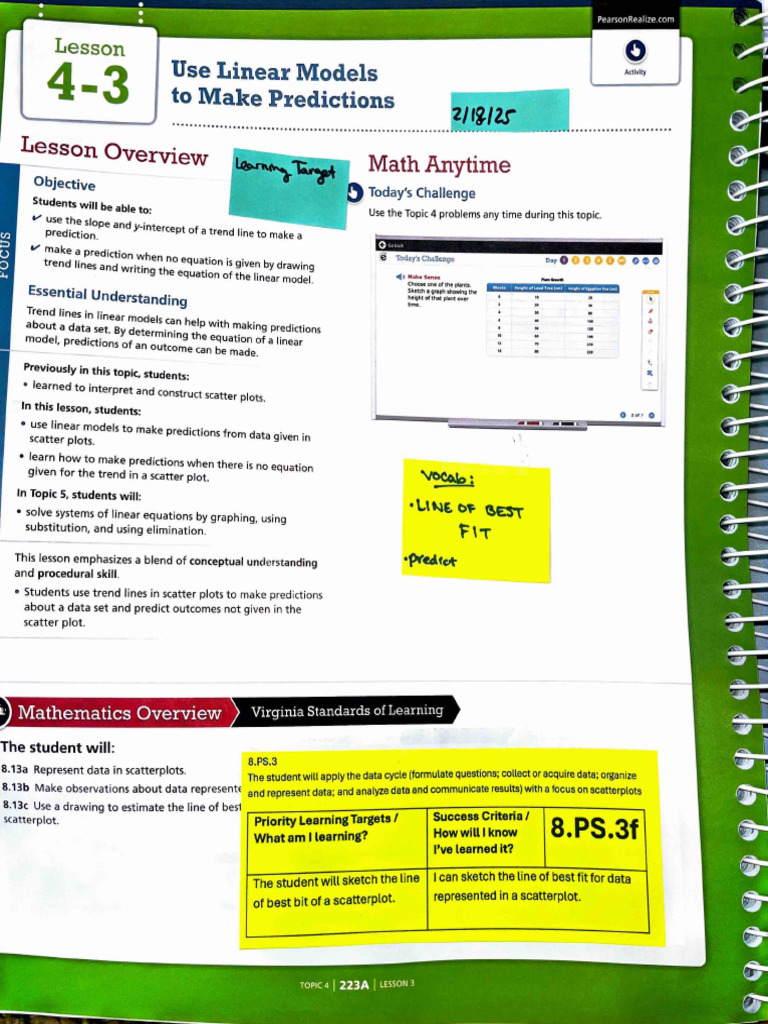 Envisions 4-3 Use Linear Models to Make Predictions | PDF