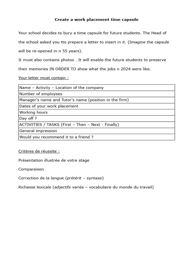 A Work Placement Time Capsule | PDF